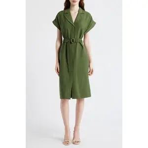 Vince Camuto Belted Woven Midi Shirtdress - Olive