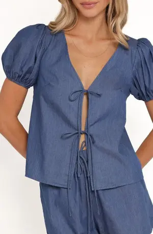 PETAL & PUP Dominic Tie Front Puff Sleeve Top