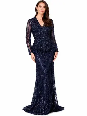 LARA NEW YORK Long Sleeve Beaded Peplum Gown