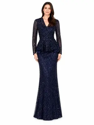 LARA NEW YORK Long Sleeve Beaded Peplum Gown