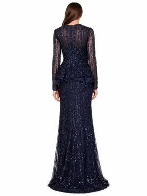 LARA NEW YORK Long Sleeve Beaded Peplum Gown