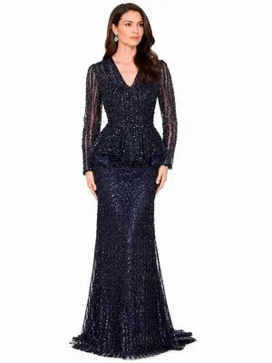 LARA NEW YORK Long Sleeve Beaded Peplum Gown