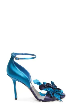 JIMMY CHOO Coko Satin Stiletto Sandal With Floral Embellishment - Marine/lagoon
