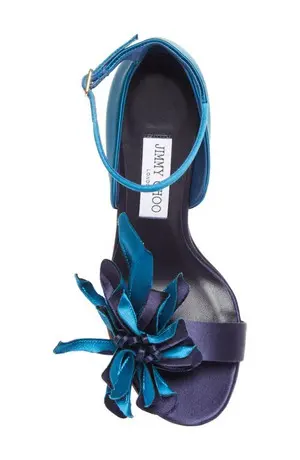 JIMMY CHOO Coko Satin Stiletto Sandal With Floral Embellishment - Marine/lagoon