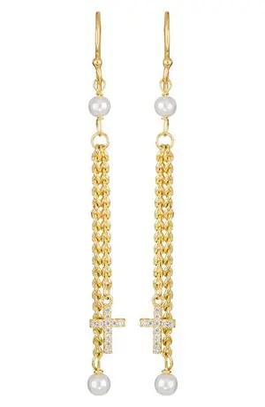 ATHRA LUXE Imitation Pearl & Cross Linear Drop Earrings - Gold