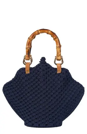 JELAVU Crochet Shell Bag With Bamboo Top Handles - Navy