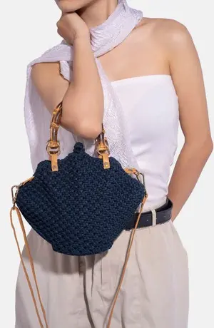 JELAVU Crochet Shell Bag With Bamboo Top Handles - Navy