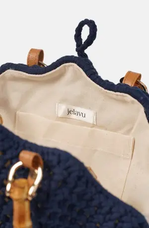 JELAVU Crochet Shell Bag With Bamboo Top Handles - Navy