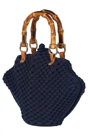 JELAVU Crochet Shell Bag With Bamboo Top Handles - Navy