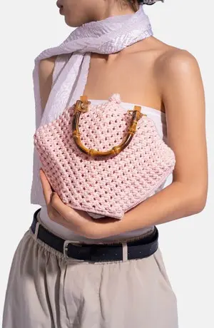 JELAVU Crochet Shell Bag With Bamboo Top Handles - Pink