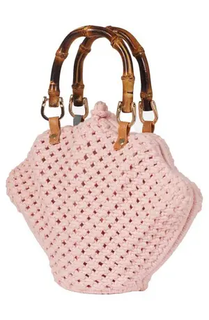 JELAVU Crochet Shell Bag With Bamboo Top Handles - Pink