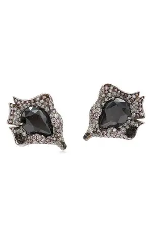 Fred Leighton Signed Natural Black & Mixed Diamond Abstract Flower Stud Earrings - Platinum