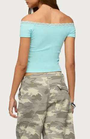 EDIKTED Moranne Lacey Off The Shoulder Ribbed Top