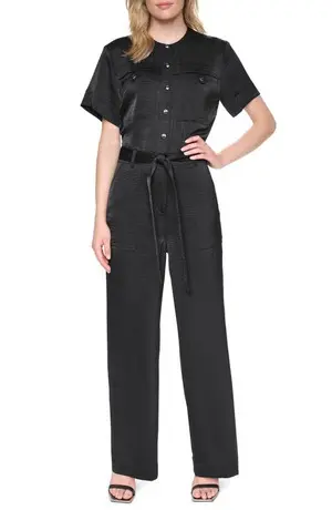 Dkny Tie Waist Satin Utility Jumpsuit - Black