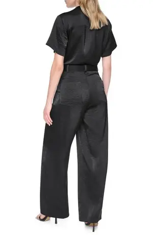 Dkny Tie Waist Satin Utility Jumpsuit - Black