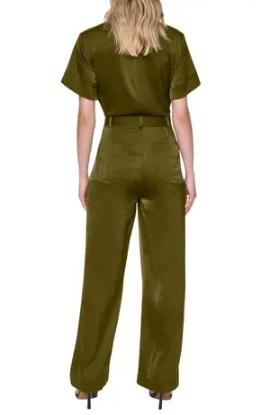 Dkny Tie Waist Satin Utility Jumpsuit - Dark Olive