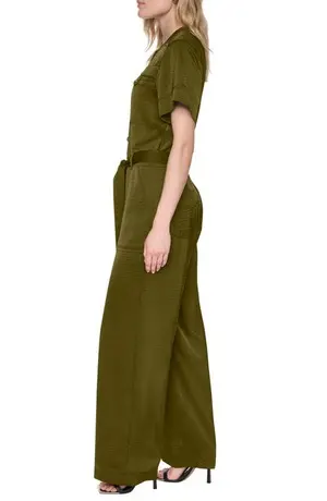 Dkny Tie Waist Satin Utility Jumpsuit - Dark Olive