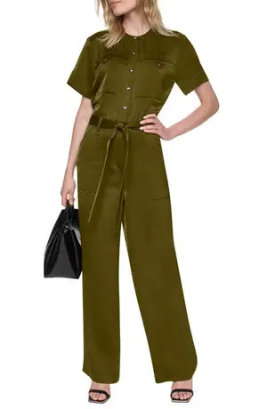 Dkny Tie Waist Satin Utility Jumpsuit - Dark Olive
