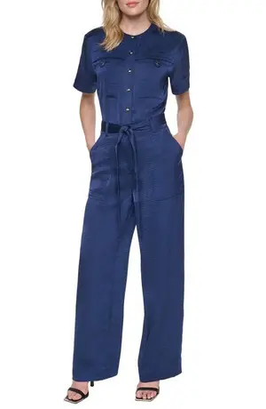 Dkny Tie Waist Satin Utility Jumpsuit Intrepid Blue