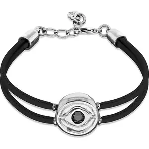 UNODE50 Black Double Leather Bracelet With -plated Eye Detail And Crystal - Silver