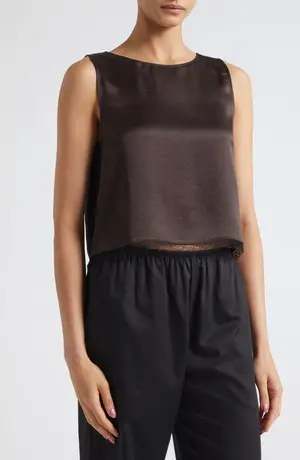 LESET Lace Trim Sleeveless Satin Top - Chocolate