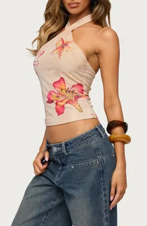 EDIKTED Nadina Floral Rhinestone Halter Top