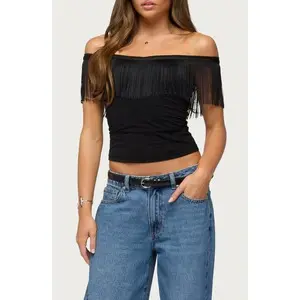EDIKTED Catelina Fringe Off The Shoulder Top
