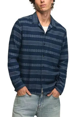 Lucky Brand Stripe Long Sleeve Camp Shirt - Indigo