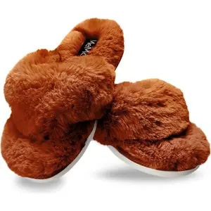 MEMOI Fuzzy Plush Faux Fur Flip Flop Slipper - Rust