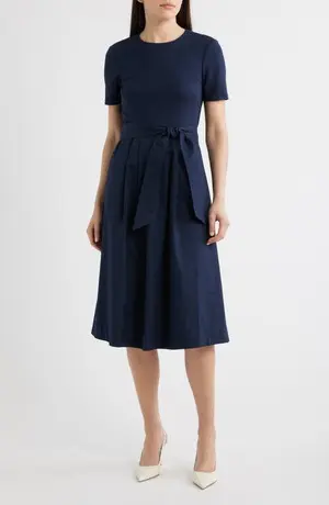 Eliza J Jewel Neck Tie Waist Midi Dress - Navy