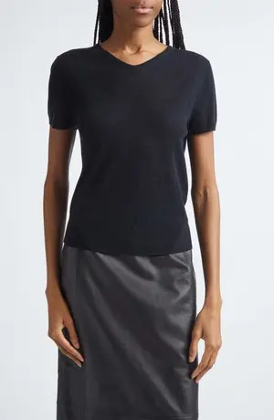 Vince High V-neck Short Sleeve Wool Sweater Black
