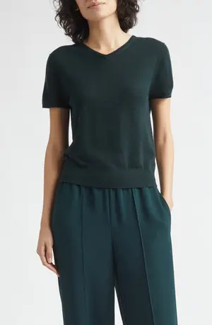 Vince High V-neck Short Sleeve Wool Sweater - Juniper