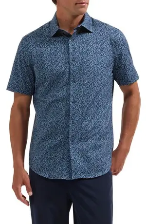 Bugatchi Miles Ooohcotton® Leaf Print Short Sleeve Button-up Shirt - Navy