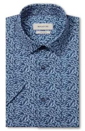 Bugatchi Miles Ooohcotton® Leaf Print Short Sleeve Button-up Shirt - Navy