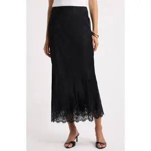 Nordstrom Lace Trim Bias Midi Skirt - Black