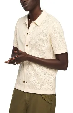 Lucky Brand Openwork Knit Cotton Button-up Shirt
