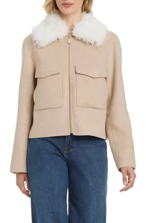 Kate Spade New York Wool Blend Jacket With Removable Faux Shearling Collar Champagne