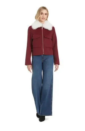 Kate Spade New York Wool Blend Jacket With Removable Faux Shearling Collar - Rhubarb Jam