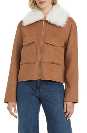 Kate Spade New York Wool Blend Jacket With Removable Faux Shearling Collar Vicuna