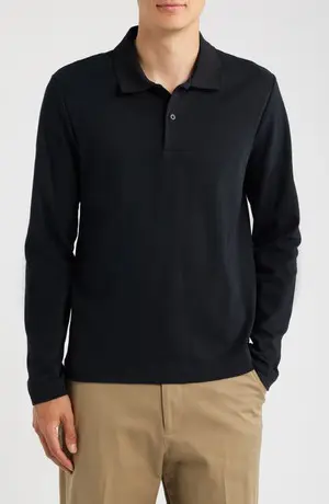 Vince Long Sleeve Peached Cotton Jersey Polo - Black