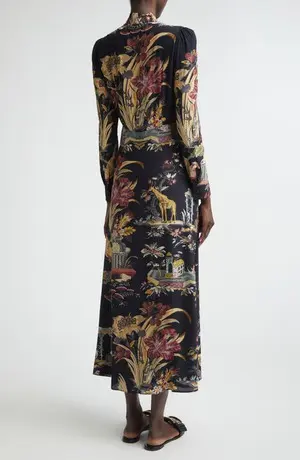 Etro Placed Flower & Animal Print Tie Neck Long Sleeve Dress