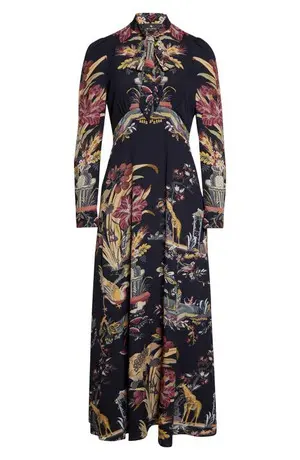 Etro Placed Flower & Animal Print Tie Neck Long Sleeve Dress