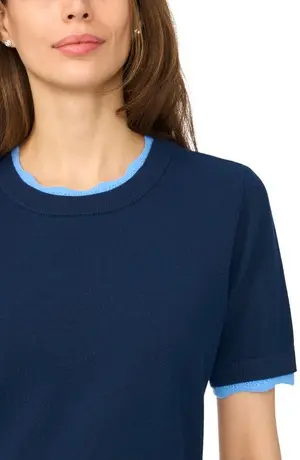 CECE DUPRAZ Lace Trim Short Sleeve Crewneck Sweater - Blue Midnight