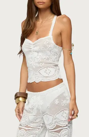 EDIKTED Milaya Sheer Crochet Square Neck Tank