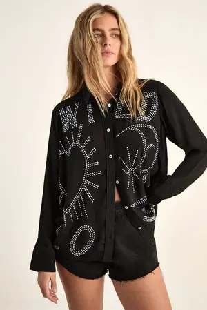 Nasty Gal Wild Love Studded Western Shirt - Black