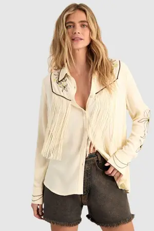 Nasty Gal Embroidered Fringe Western Shirt - Cream