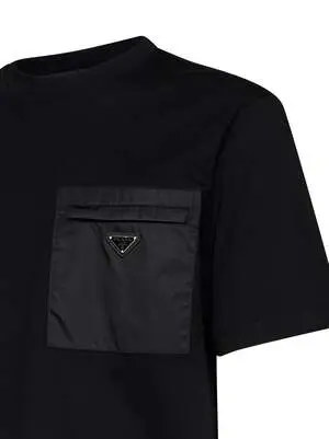 Prada Abbigliamento Black Jersey And Re-nylon Crewneck T-shirt - Multicolor