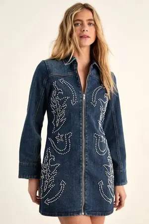 Nasty Gal Studded Zip Front Denim Mini Dress