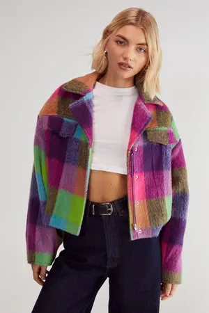 Nasty Gal Checked Wool Blend Trucker Jacket - Multi