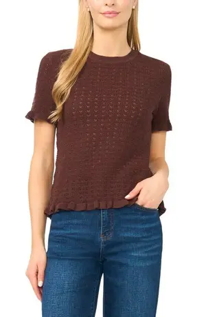 Halogen Ruffle Trim Pointelle Stitch Short Sleeve Sweater - Chicory Coffee